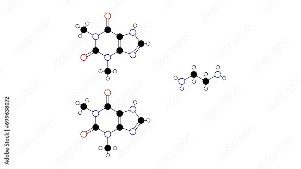 aminophylline molecule, structural chemical formula, ball-and-stick ...