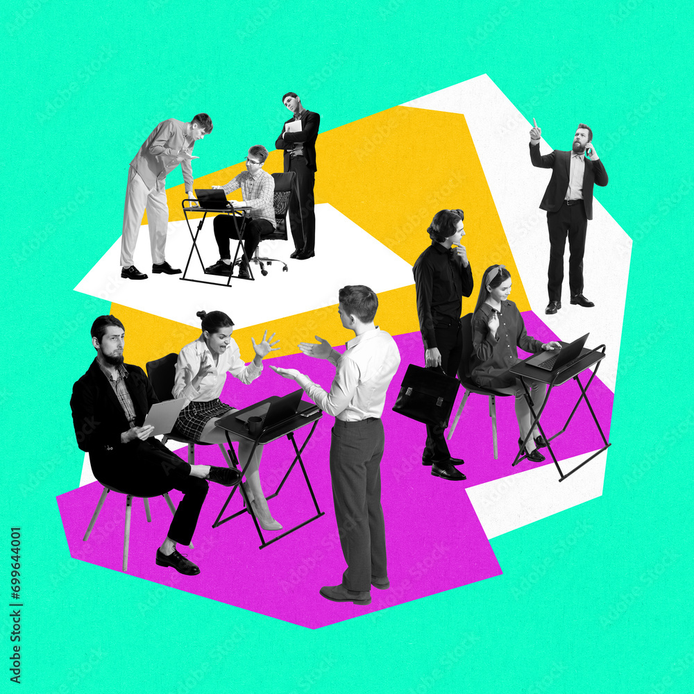 Meeting, conference. Employees emotionally working and finishing tasks. Deadlines, cooperation ...