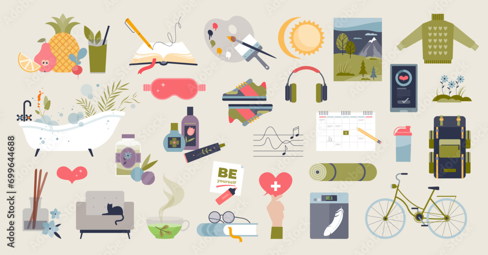 Self care objects with wellness and wellbeing elements tiny person ...