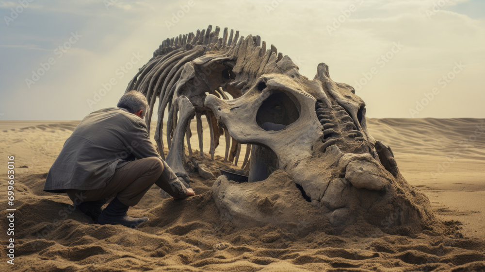 Archaeologist in desert studies prehistoric dinosaur fossils ...