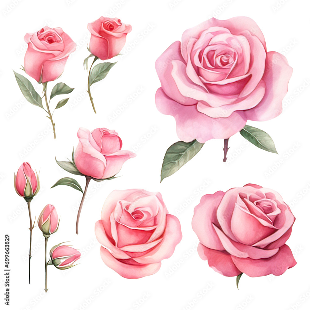 Watercolor Pink Rose Clipart Collection on a transparent background - 1 ...