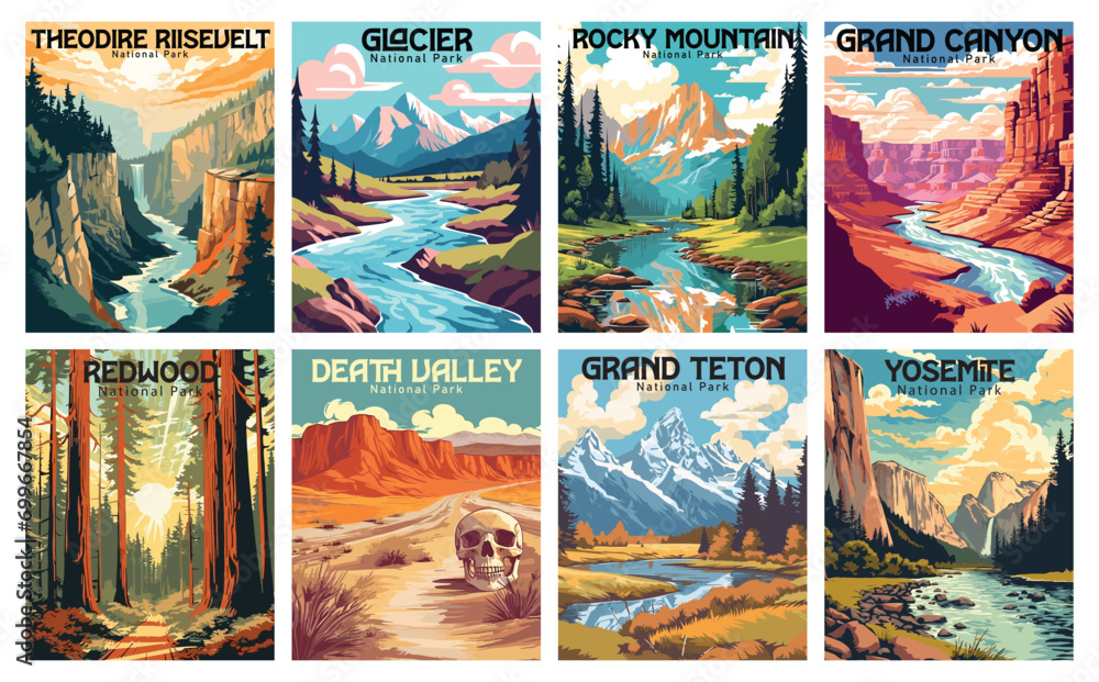National Parks Vector Art Set: Mount Rainier, Denali, Crater Lake ...