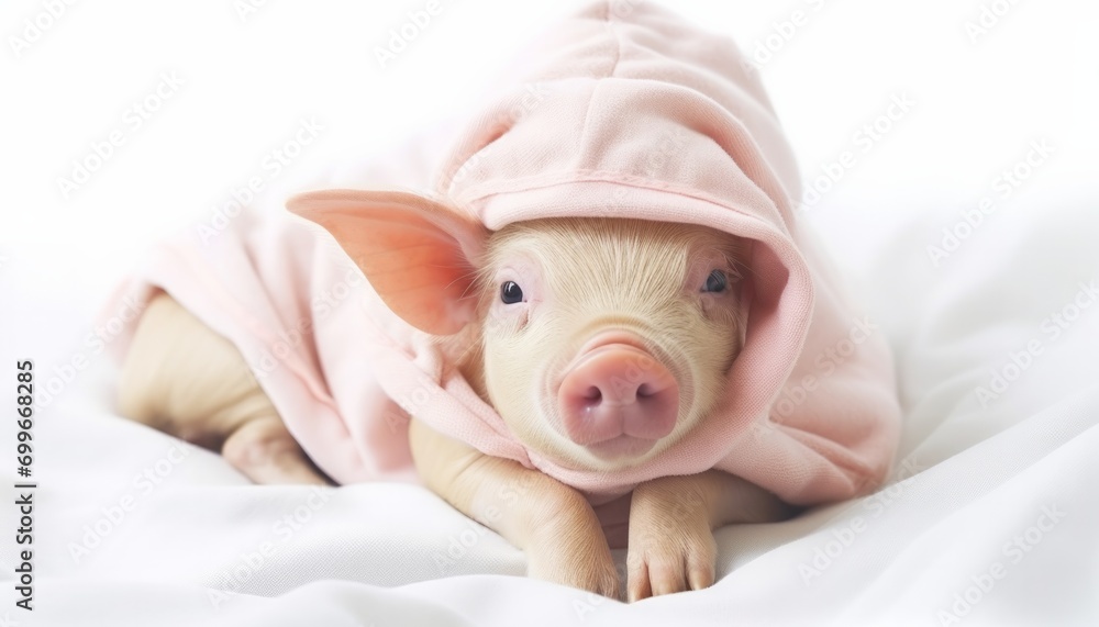 Mini pig as influencer, pink blanket around the body, face peeking out ...
