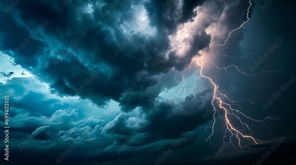 Lightning strikes illuminate the dark cloudy sky in a dramatic display ...