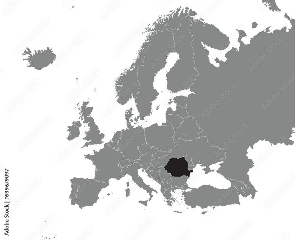 Black CMYK national map of ROMANIA inside detailed gray blank political ...