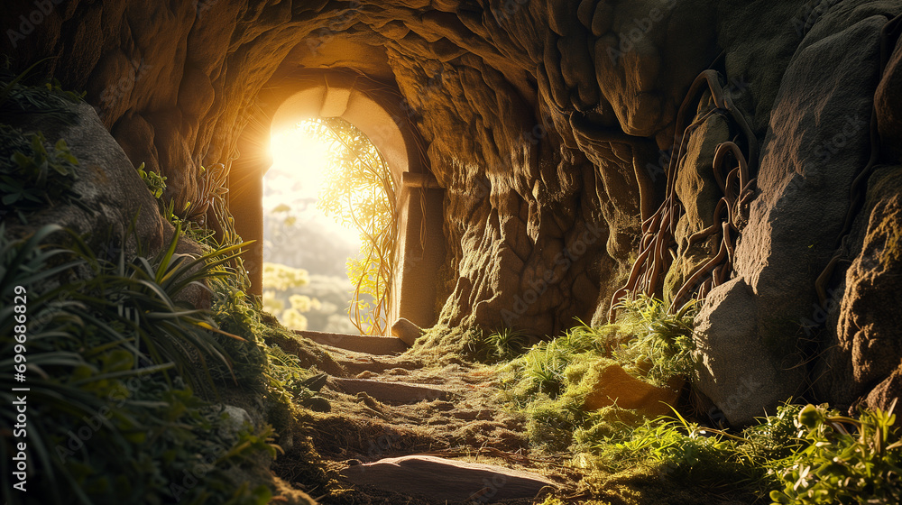 Empty tomb of Jesus Christ Crucifixion and Resurrection sunlit coming ...