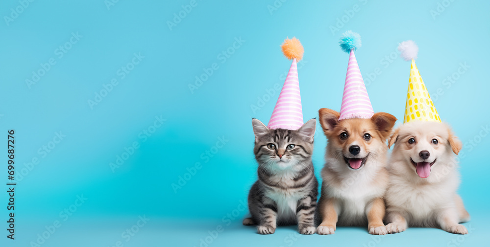 A group of cute dogs and cats wearing party hats on a pastel blue ...