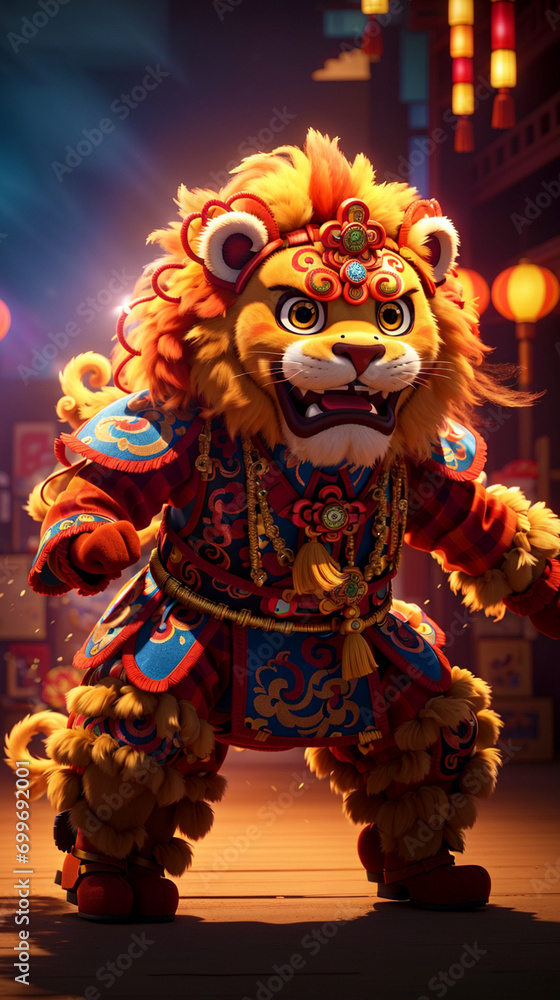illustration of a Chinese lion dance with a Chinese angpao background ...