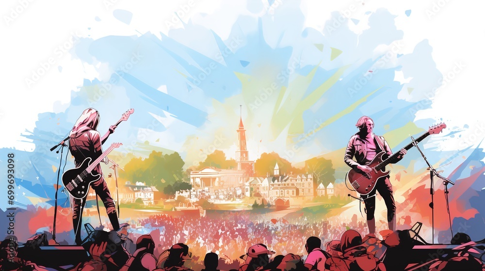 Glastonbury stage with silhouettes of people watching the festival ...