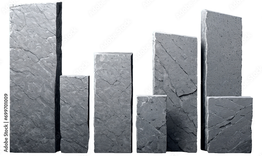 Vertically standing stone blocks of gray color of different shapes ...
