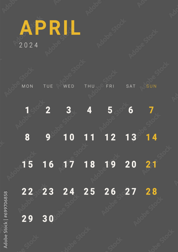 Monthly page Calendar Planner Templates of April 2024. Vector layout of ...