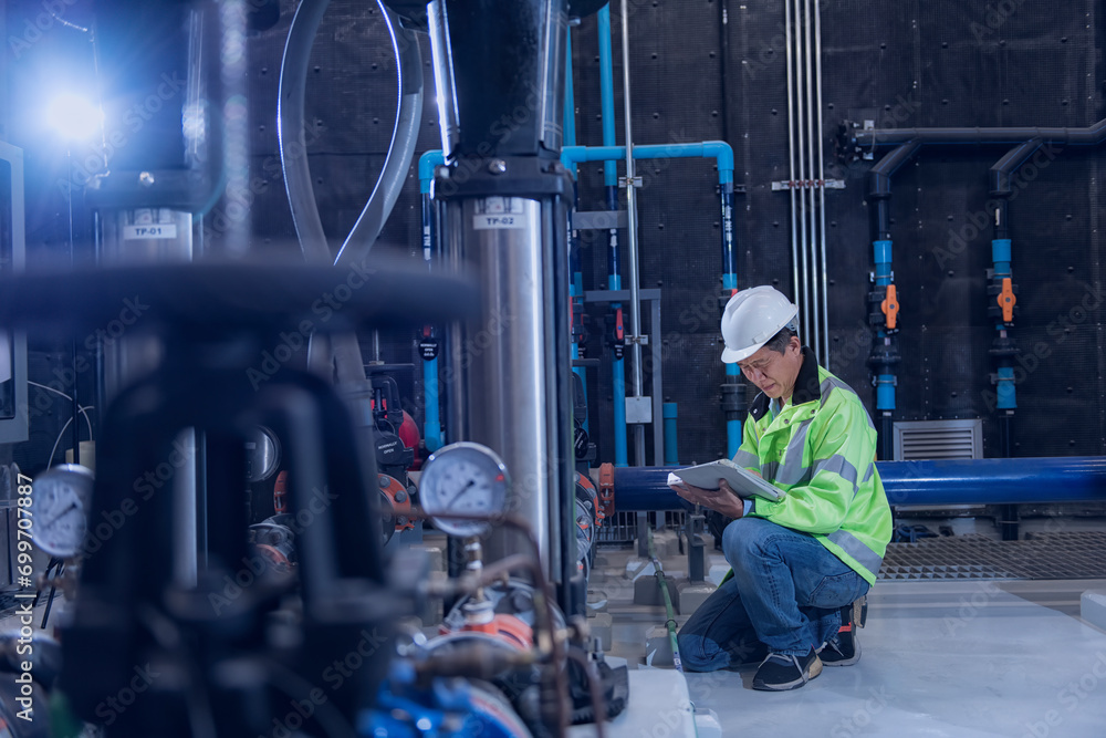 person in PPE with a hand hold folder checking in Pump room. Male ...