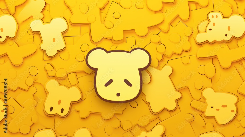 a yellow bear with a sad face surrounded by smaller yellow bears with ...