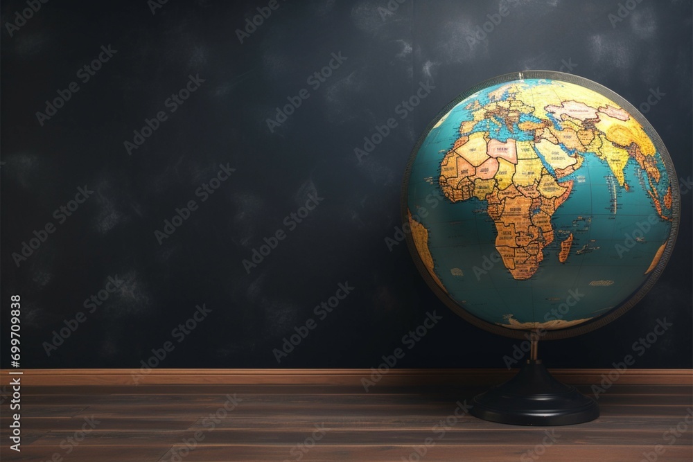 Chalkboard atlas World globe displayed on a vintage chalkboard surface ...