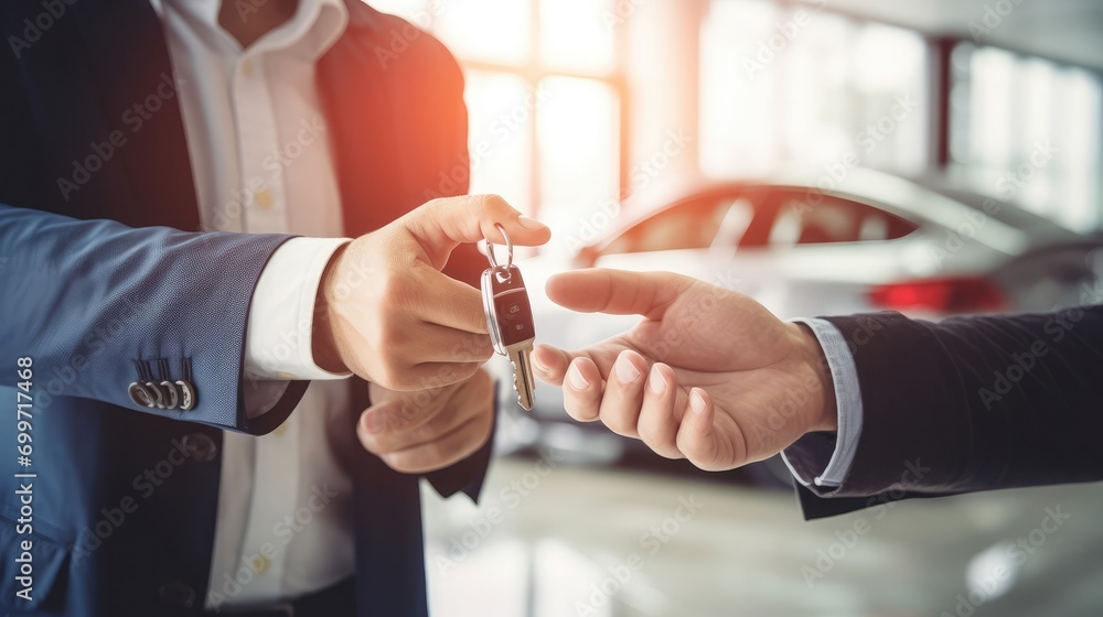Car salesman giving key to new owner or customer over car dealership ...