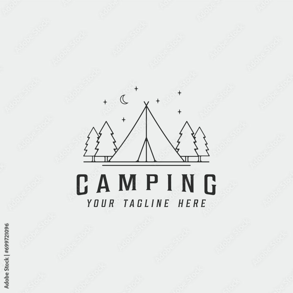 camping logo vector line art simple minimalist illustration template ...