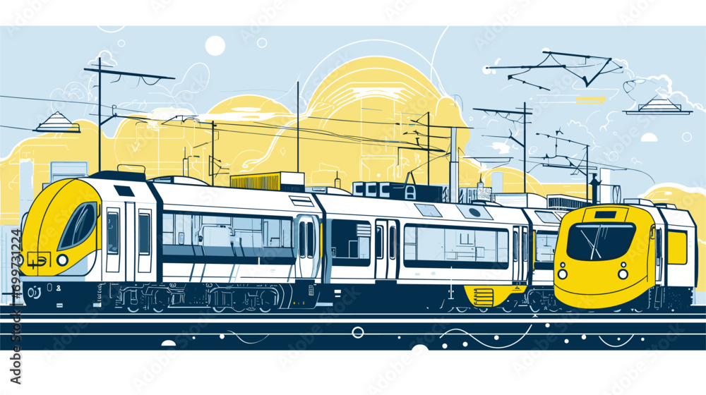 electric trains with a vector art piece showcasing trains arriving and ...
