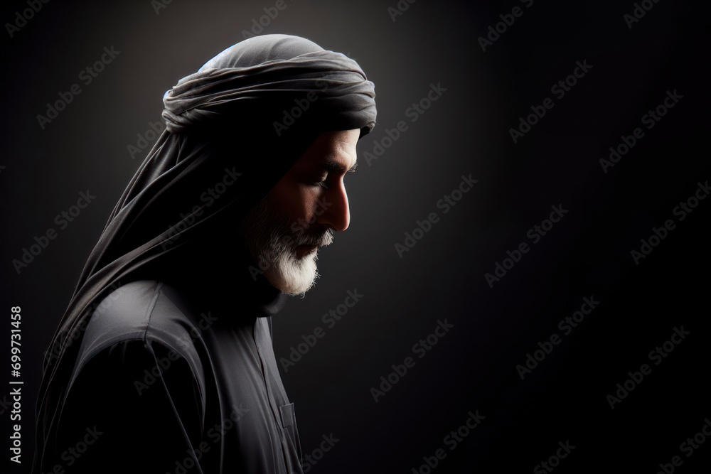 Old arab asian muslim man in black hijab clothes on solid black ...