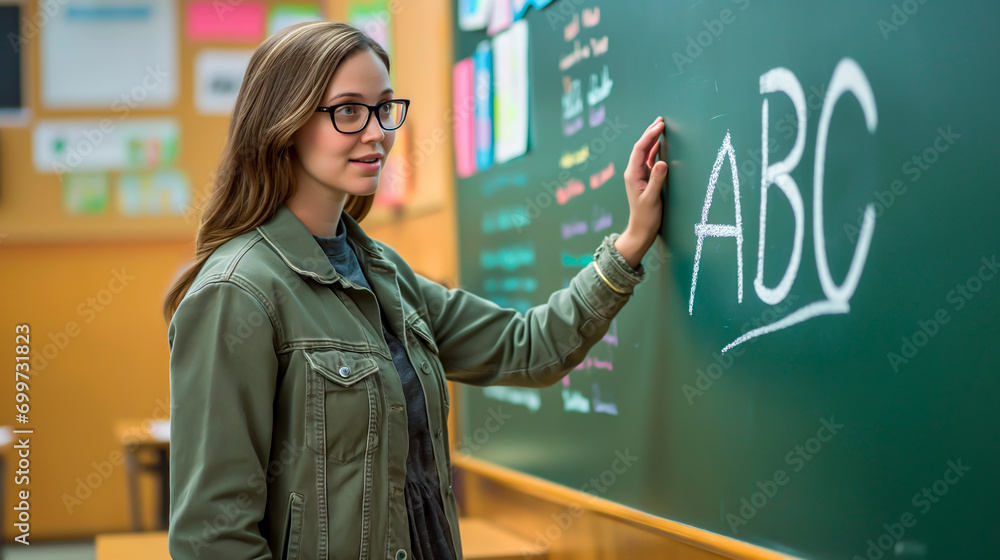 Female teacher giving a lesson on alphabet in a classroom. Standing by ...