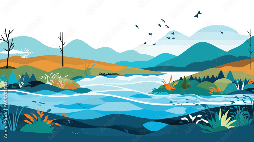 river ecosystem in a vector scene featuring flowing water, riverbank ...