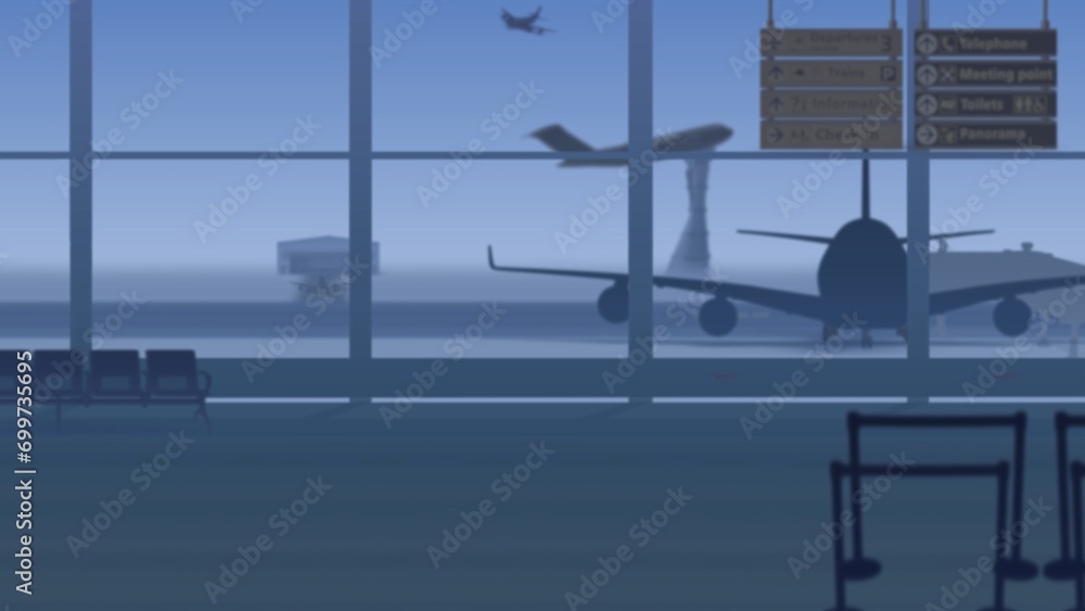 The frame shows an empty airport in the general background, a waiting ...