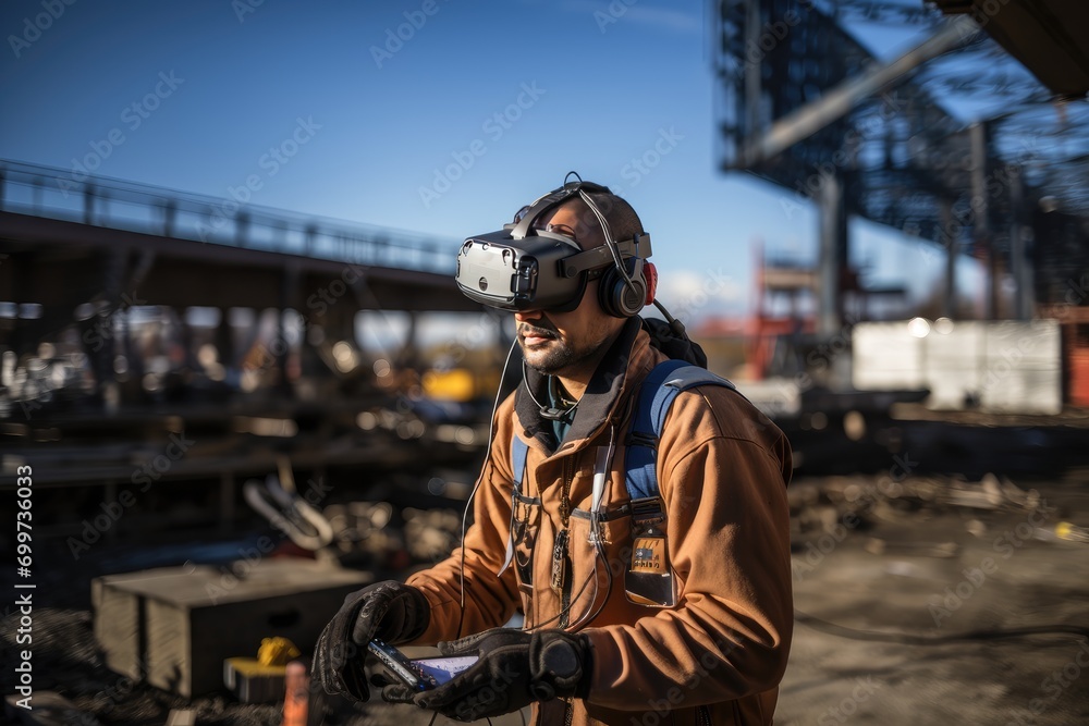 Construction worker wearing a VR headset controls construction ...