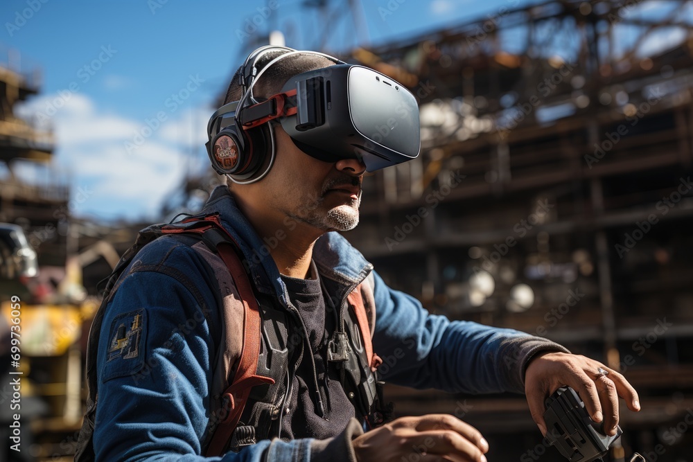 Construction worker wearing a VR headset controls construction ...