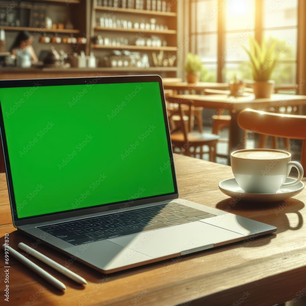 Mockup empty, blank macbook pro with green screen, on a table in a ...