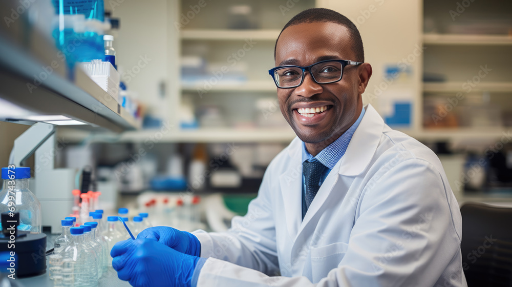 Smiling male scientist wearing glasses, a lab coat, and gloves, working ...