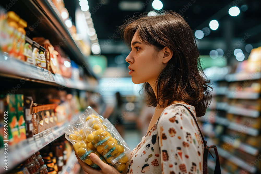 Informed Female Consumer Analyzing Nutrition and Prices in Grocery ...