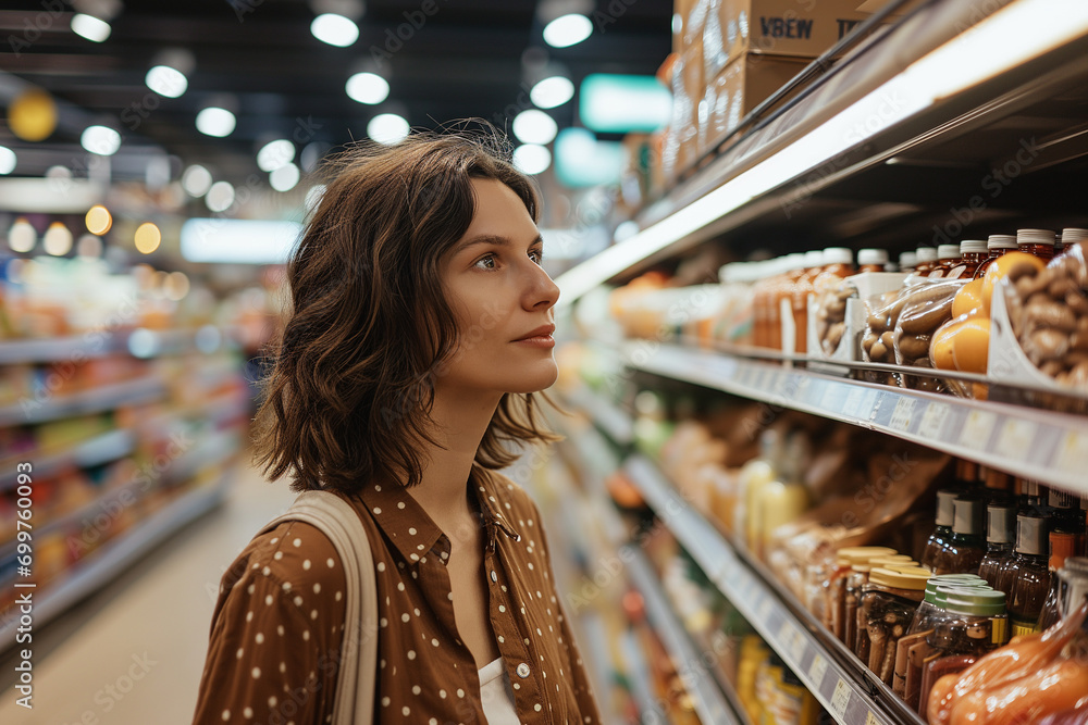 Informed Female Consumer Analyzing Nutrition and Prices in Grocery ...