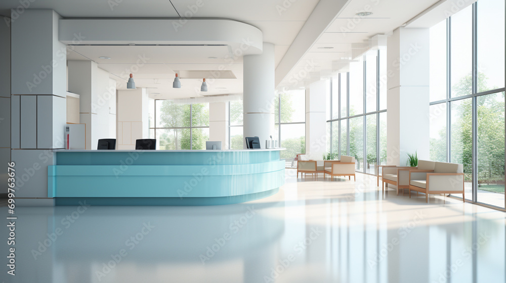 Front view of clean modern hospital corridor with big windows, rows of ...