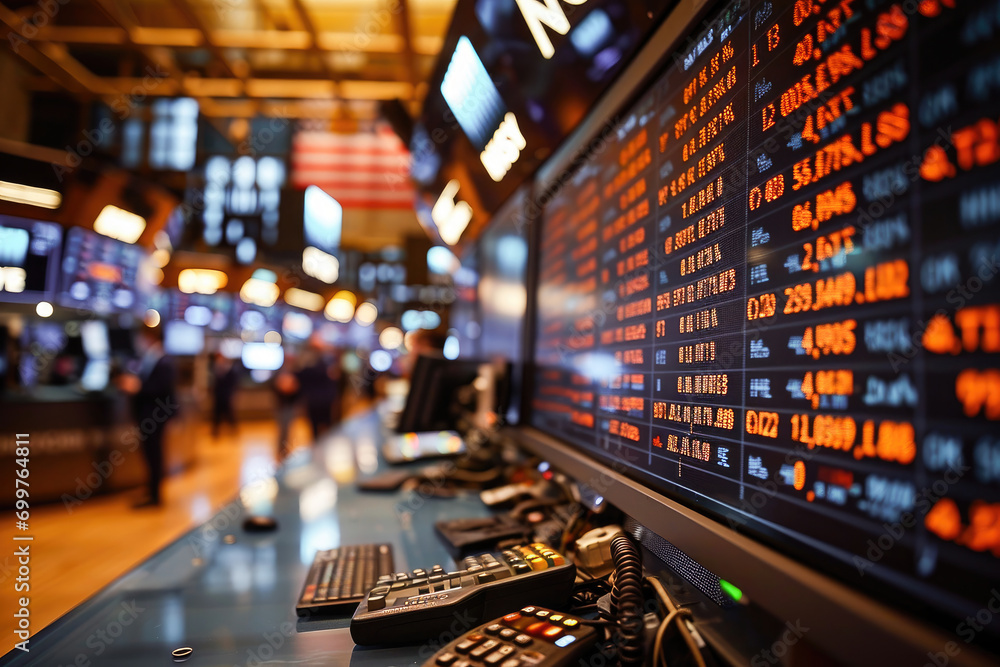 Stock market trading floor with multiple screens showing financial data ...