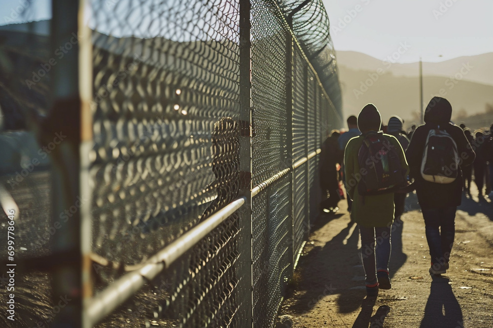 Queue of refugees along a high border fence with berbed wire ...