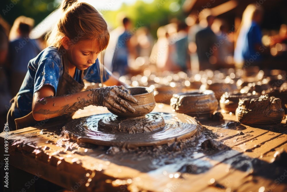 A little girl sculpts from clay in a pottery studio. Little schoolboy ...