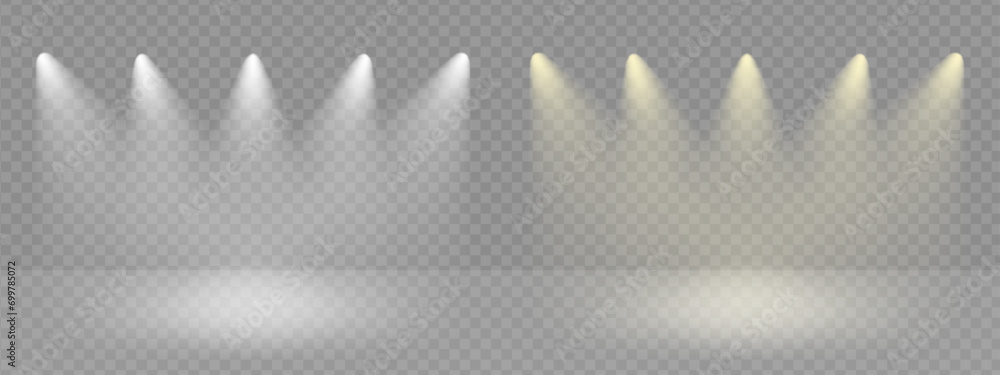 Spotlight illuminated stage background. White rays of floodlight, ies ...