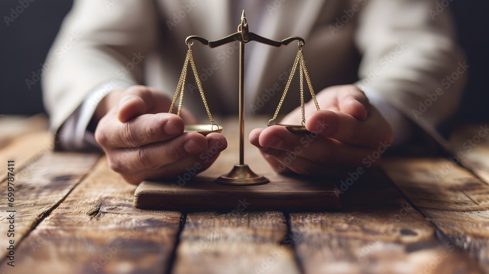 female hand holding the justice scales with scales in two hands, in the ...
