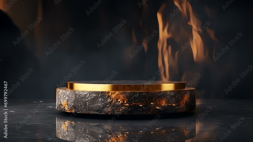 round rough stone pedestal with a black cylinder inside Stock ...