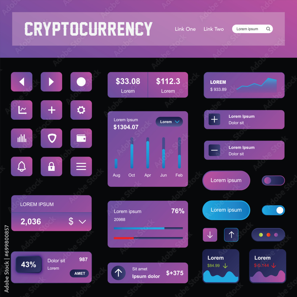 UI elements kit for cryptocurrency mobile app. Cryptocurrency mining, exchange and stock trading ...