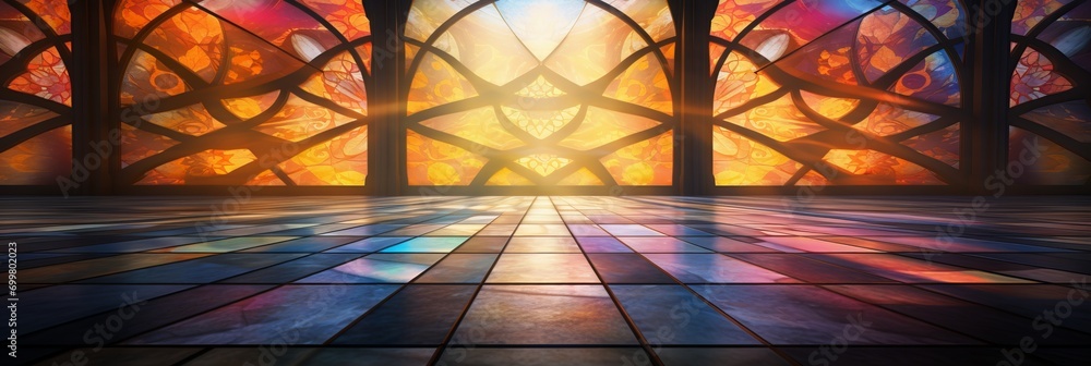 Rays of bright sun pass through colored stained glass, reflection on ...