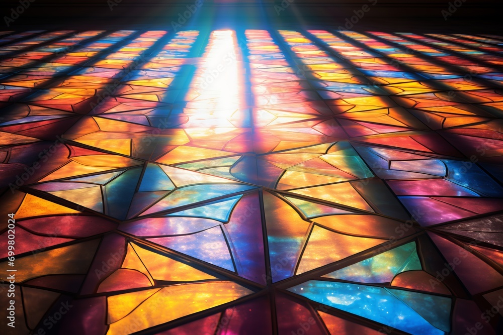Rays of bright sun pass through colored stained glass, reflection on ...