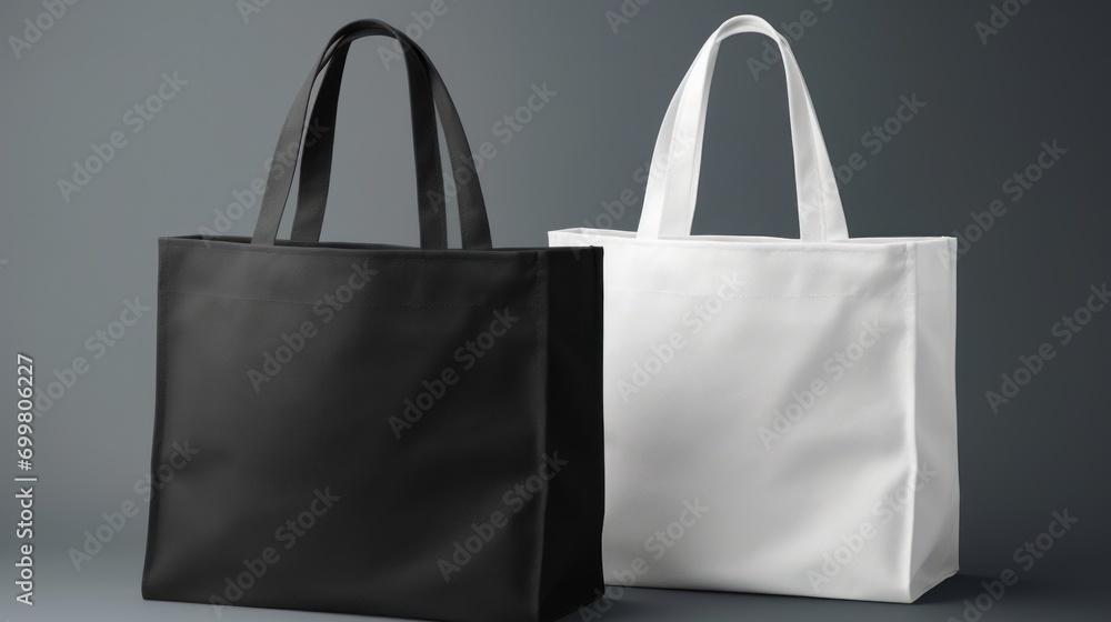 two black and white bags sitting side by side on top of a gray surface ...