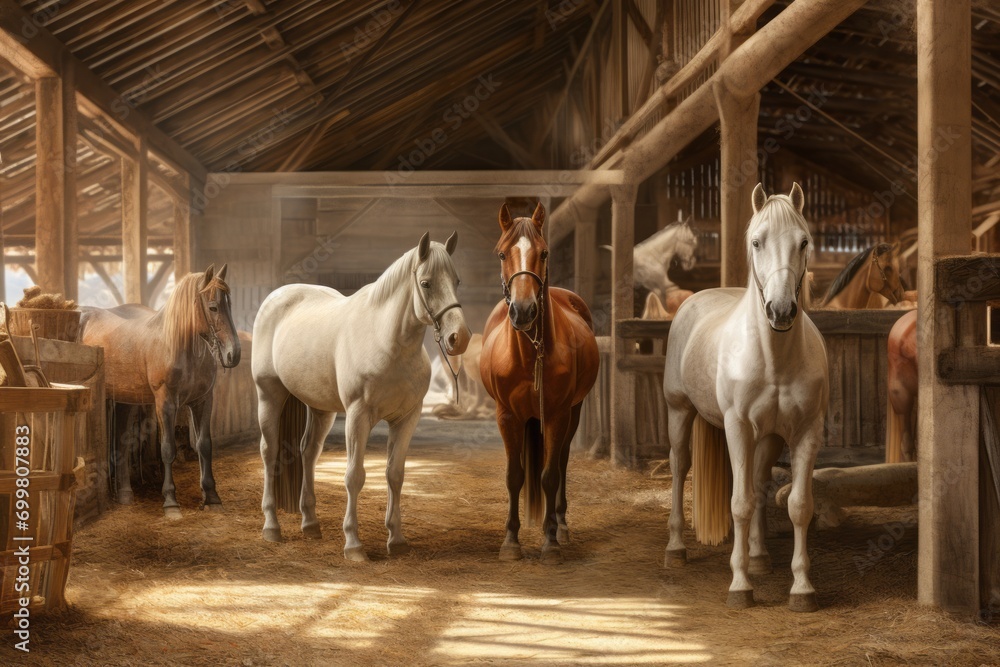 Stable with horses in the backyard of a country house, breeding ...