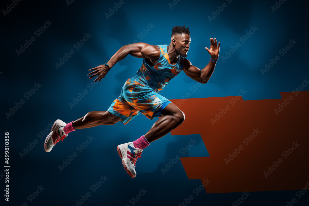 African-American sprinter athlete wearing a bright graphic uniform on a ...