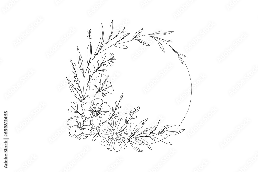 One line drawing circle frame of blooming flower branch. Minimalist ...