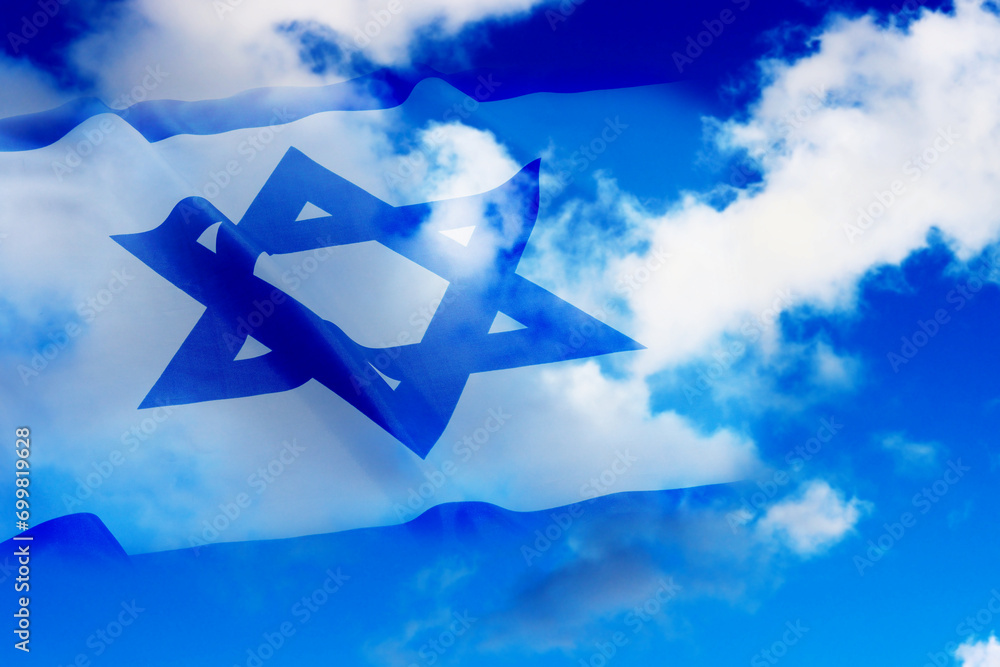 Israel. Israel Flag with Jewish star aganist the background of blue sky ...