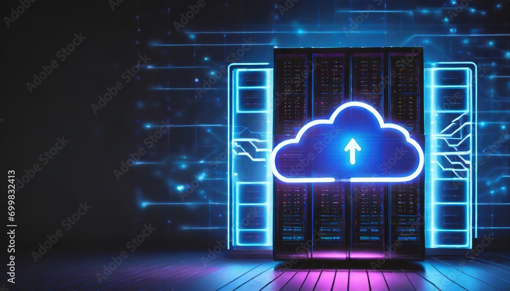 neon-lit cloud symbol dominates a modern data center, representing ...