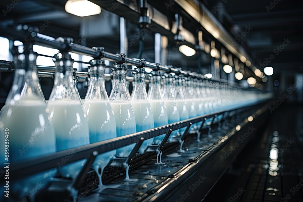 Dairy. Row of bottles with pasteurized milk on conveyor belt. Dairy ...