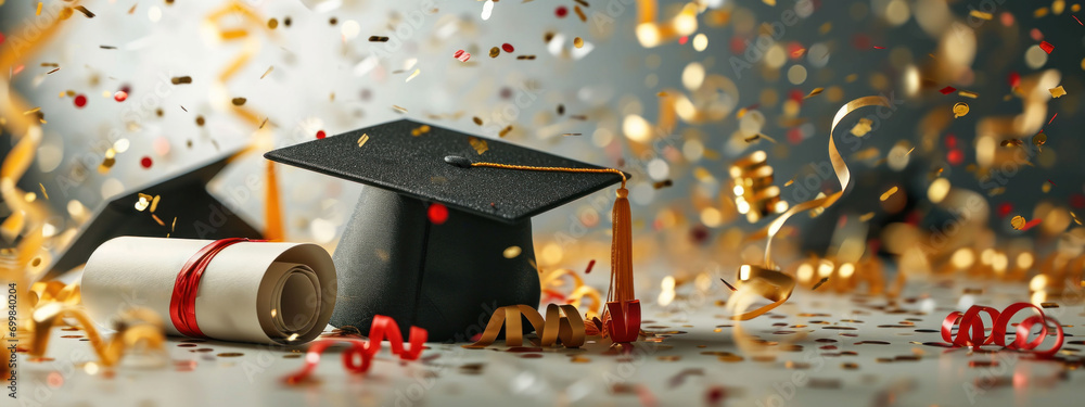 A graduation cap and diploma amidst a shower of confetti captures the ...