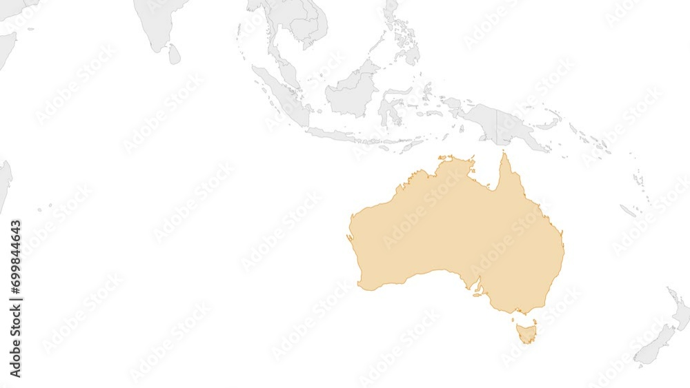 Animation of Australia country map on the world map. Animation of map ...